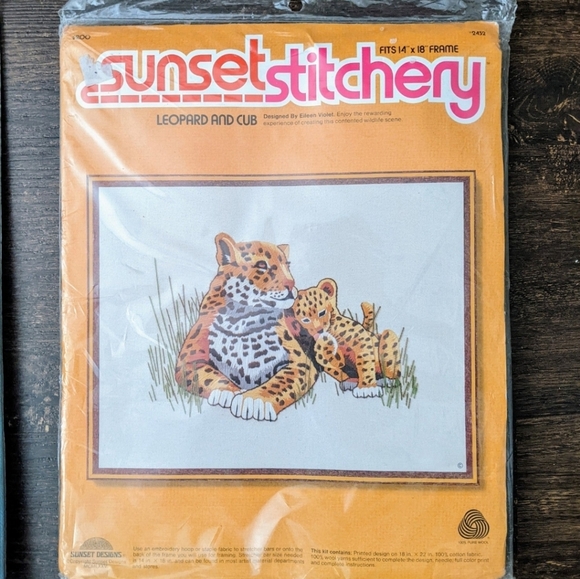 Sunset Stitchery | Office | Vintage Sunset Leopard Cub Crewel Kit ...